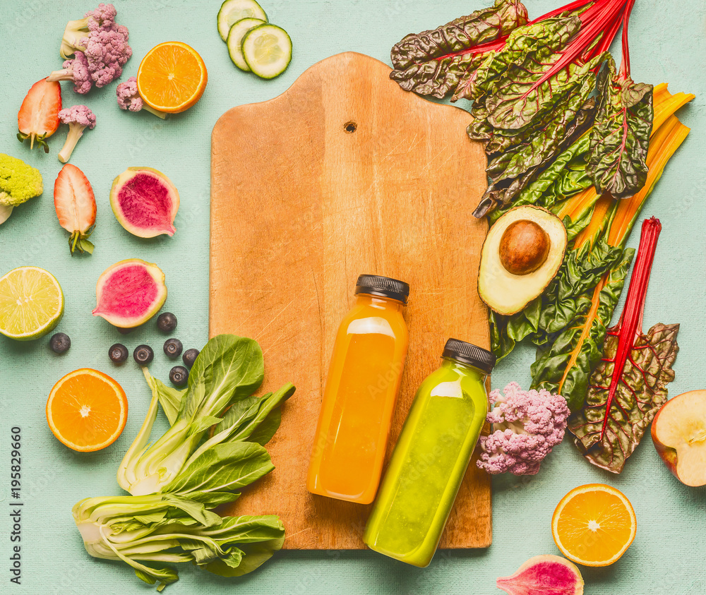 Smoothie making concept. Various healthy fresh fruits and vegetables ...