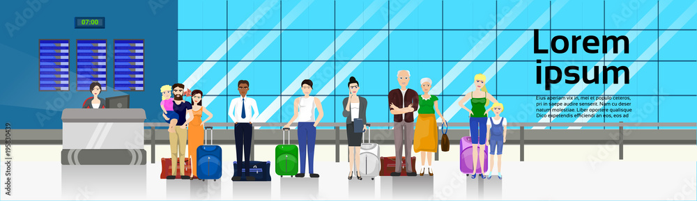 People with Baggage Standing In Line To Counter In Airport For Check In ...