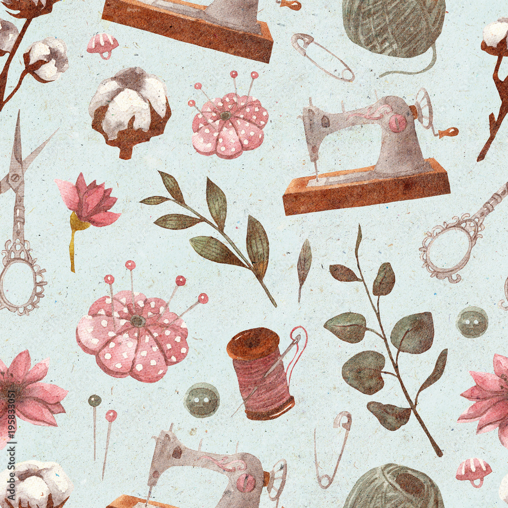 Seamless vintage pattern with sewing items and floral elements. Sewing ...