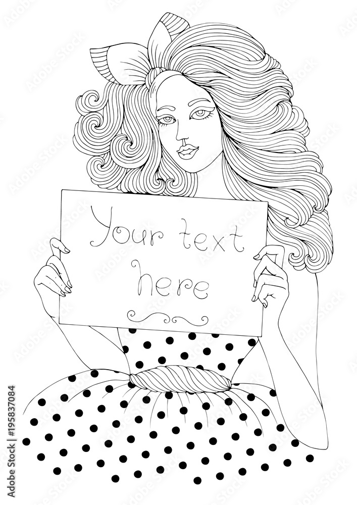 Vector hand drawn girl in pin-up style with long wavy hair holding ...