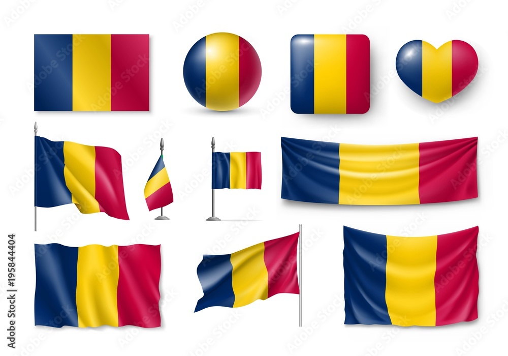 Set Chad flags, banners, symbols, flat icon. Vector illustration of ...