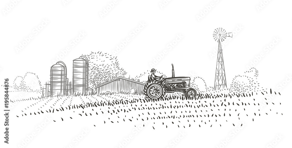 Farmer driving a tractor in the field near the farm hand drawn ...