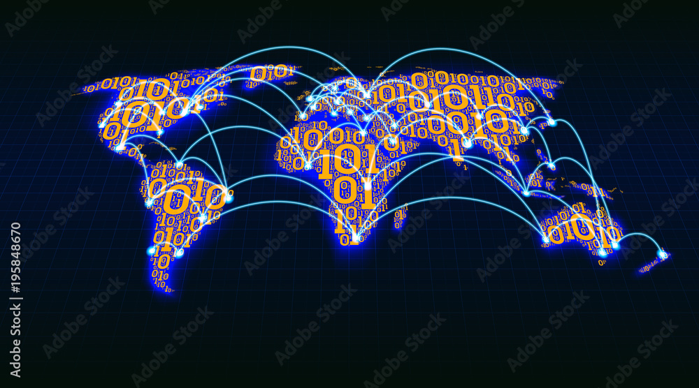 Abstract World Map From Digital Binary Code On A Grid Background Global Internet Transactions
