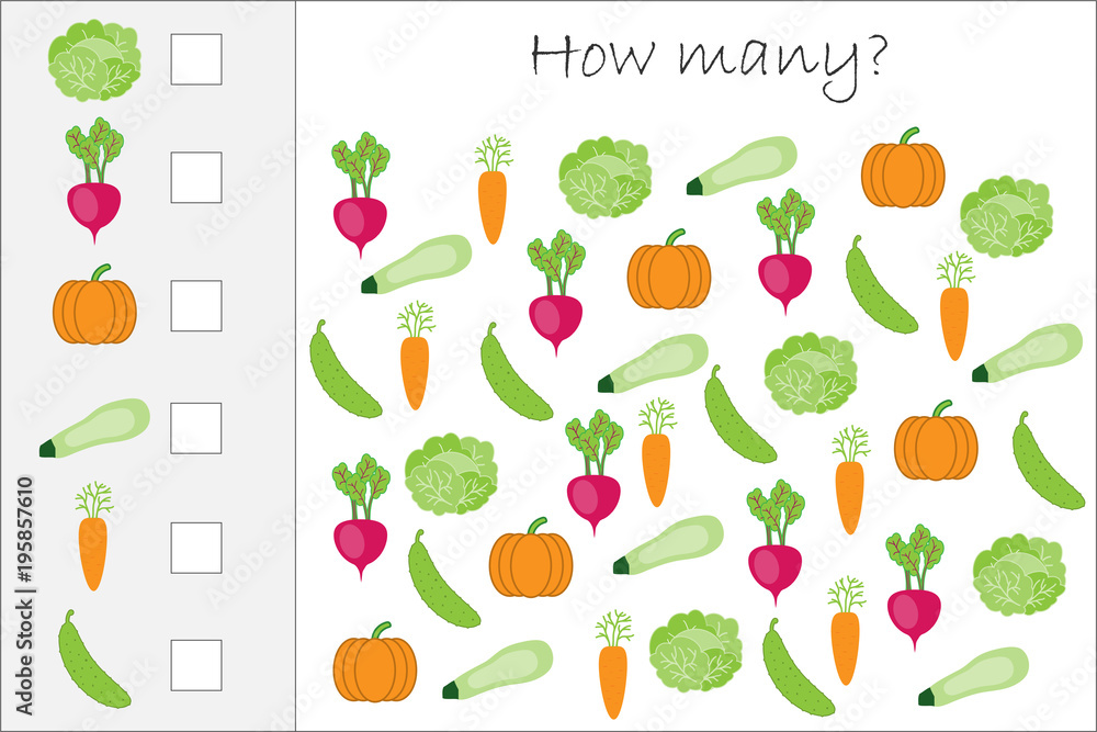 How many counting game with vegetables for kids, educational maths task ...