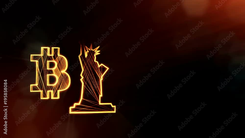 Bitcoin logo and a statue of freedom. Financial background made of glow ...