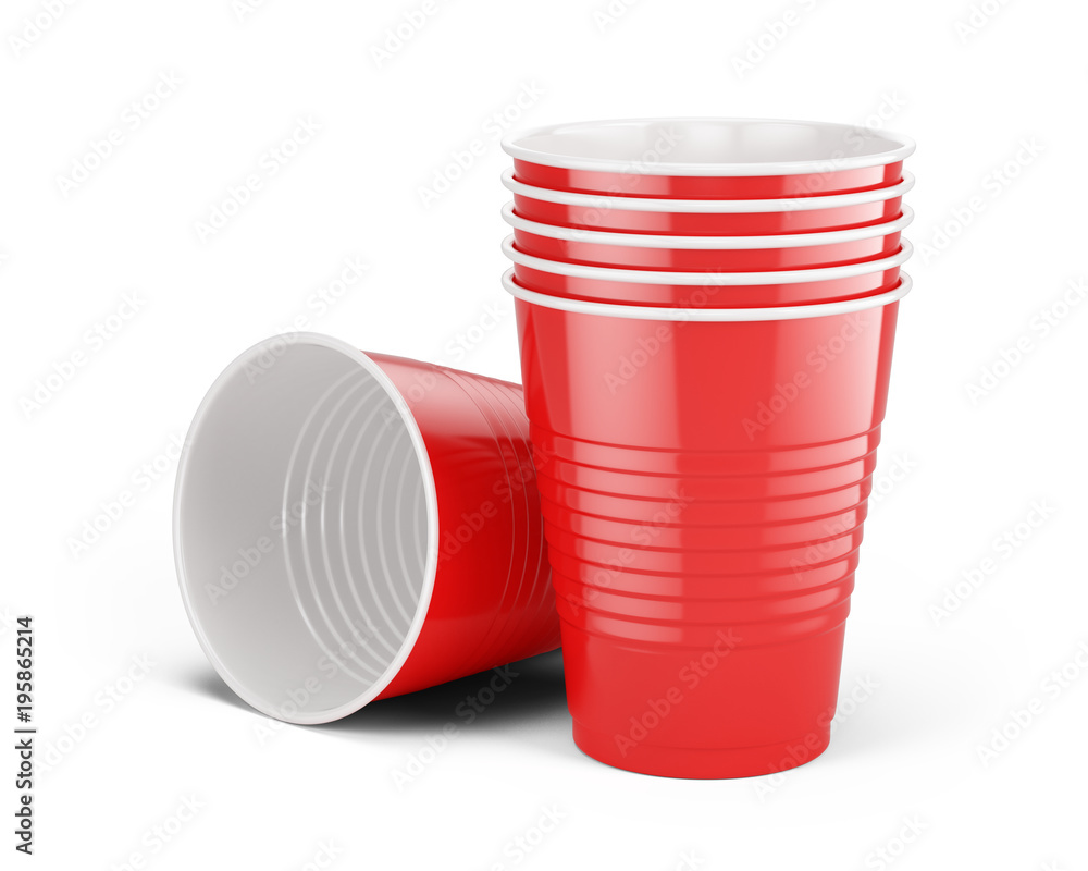 Red disposable cups - plastic cups isolated on white. 3d rendering ...