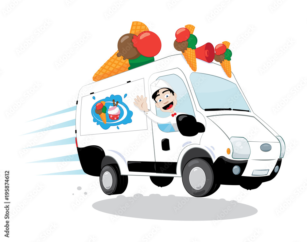 a vector cartoon representing a funny and decorated ice-cream van, with ...