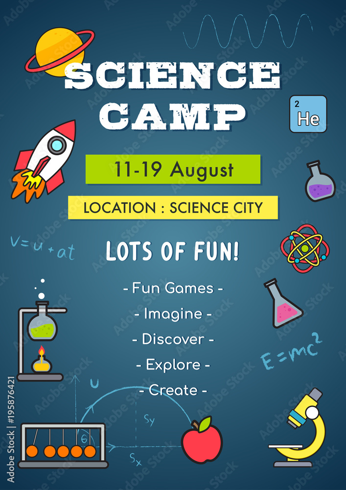 Science Camp Invitation Poster Vector illustration. Science elements ...