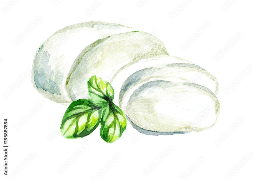 Mozzarella cheese. Watercolor hand drawn illustration, isolated on ...