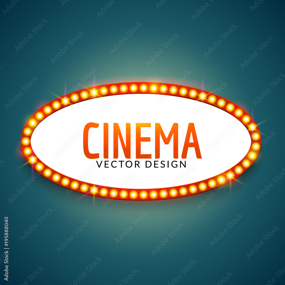 Glowing cinema signboard banner. Vintage vector light retro sign frame ...