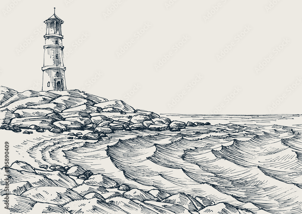 Sea shore and sea waves drawing. Side view of a rocky beach, lighthouse ...