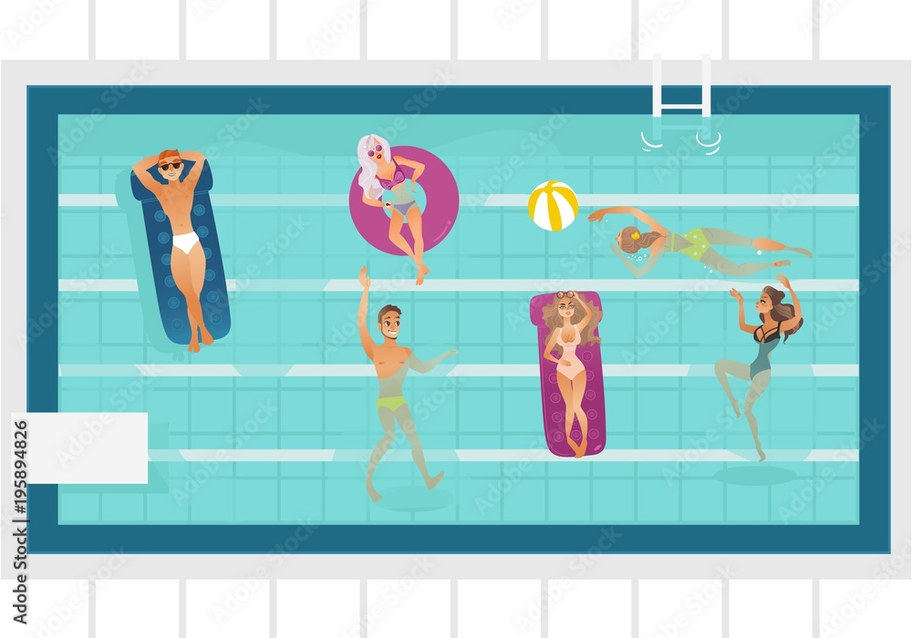 Vector cartoon people swimming in rectangle pool with blue tile walls ...