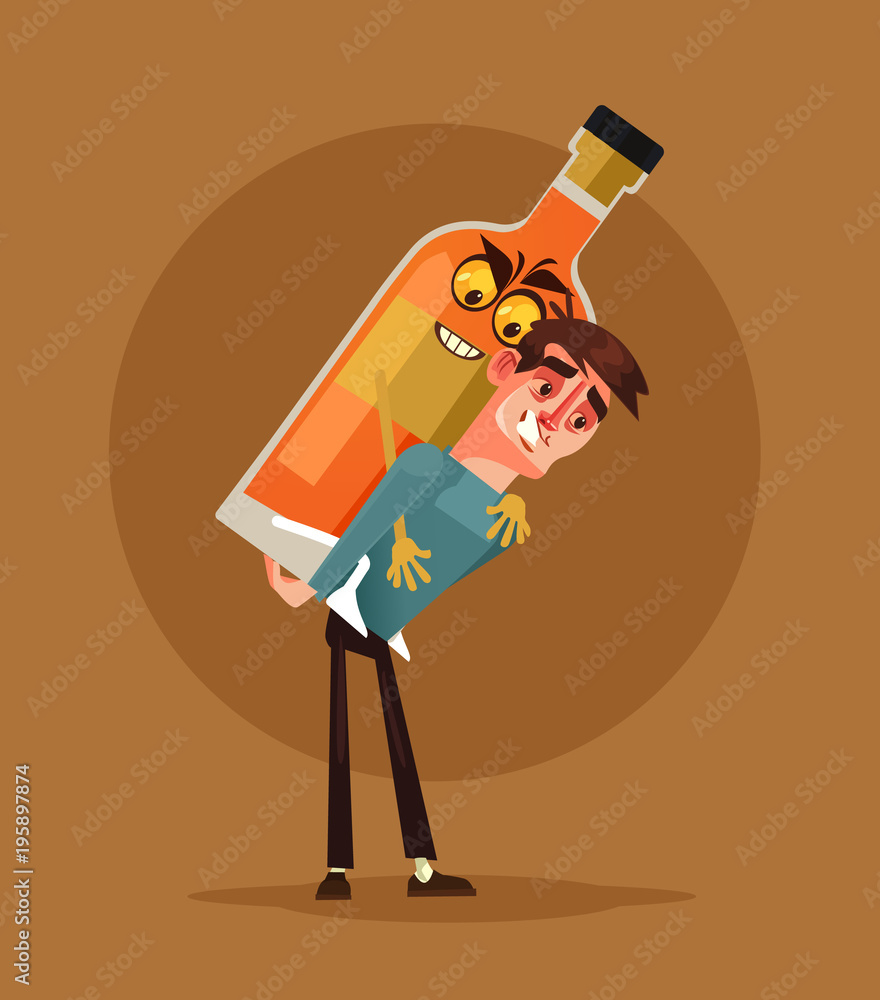 Drunk alcoholic man character carry alcohol bottle. Alcoholism concept ...