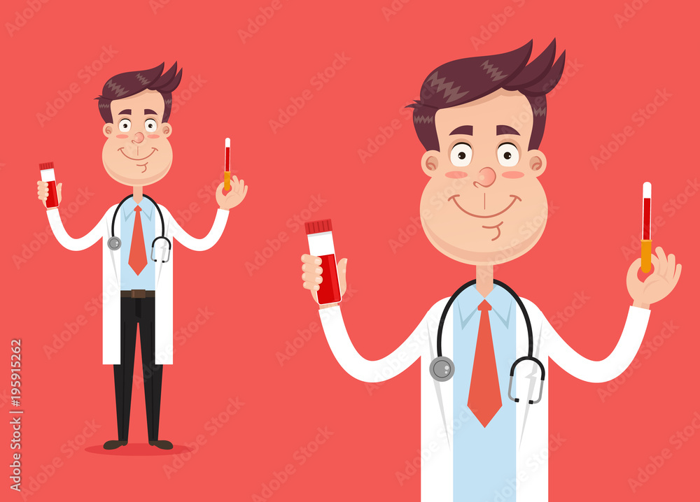 Happy smiling doctor isolated character holding blood test result ...