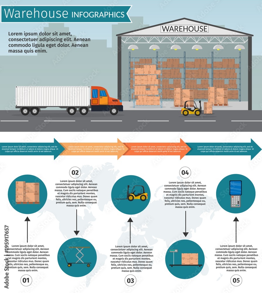 Warehouse infographic with interior and exterior shipping goods Stock ...