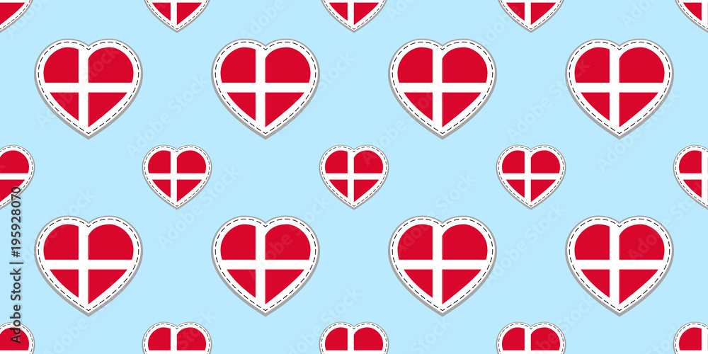 Denmark flag seamless pattern. Vector Danish flags stikers. Love hearts ...