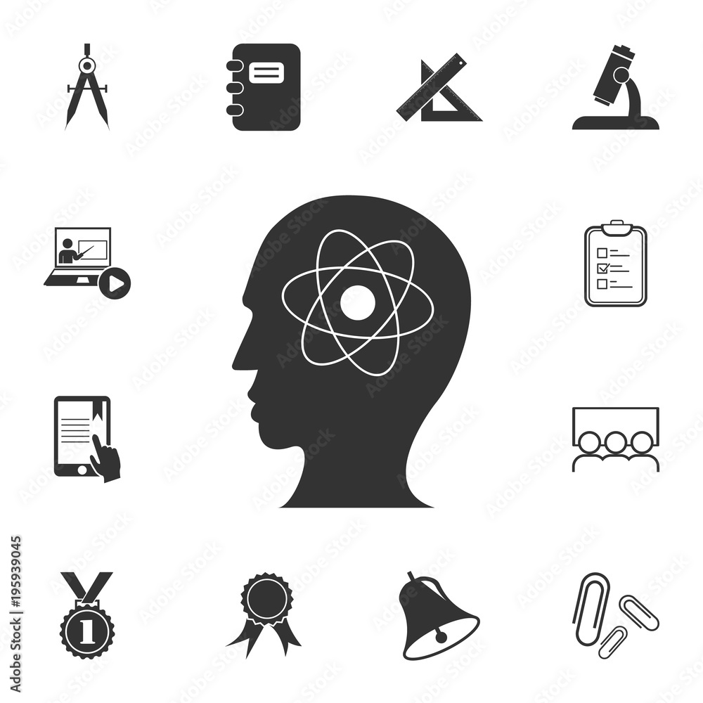 Human head with atom inside icon. Detailed set of education element ...