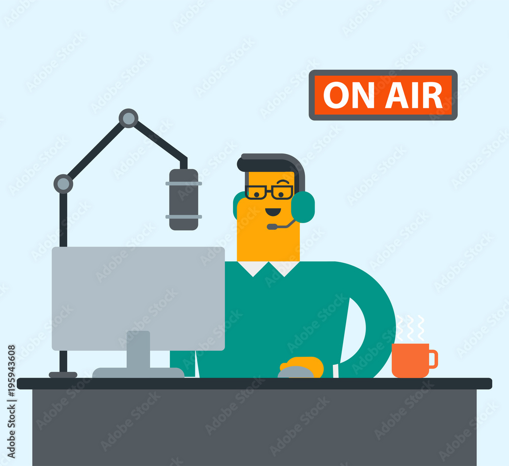 Young caucasian radio host working in front of microphone, computer and ...