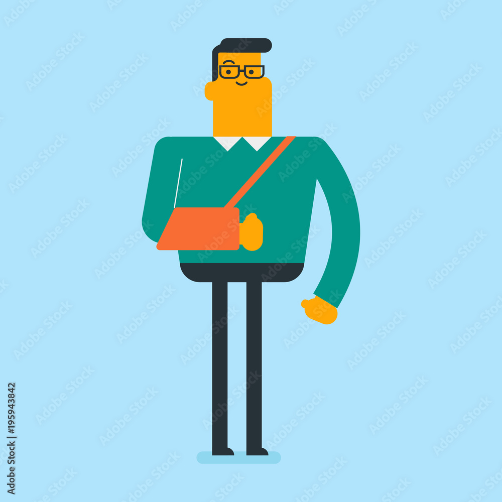 Injured caucasian white man wearing an arm brace. Full length of a ...