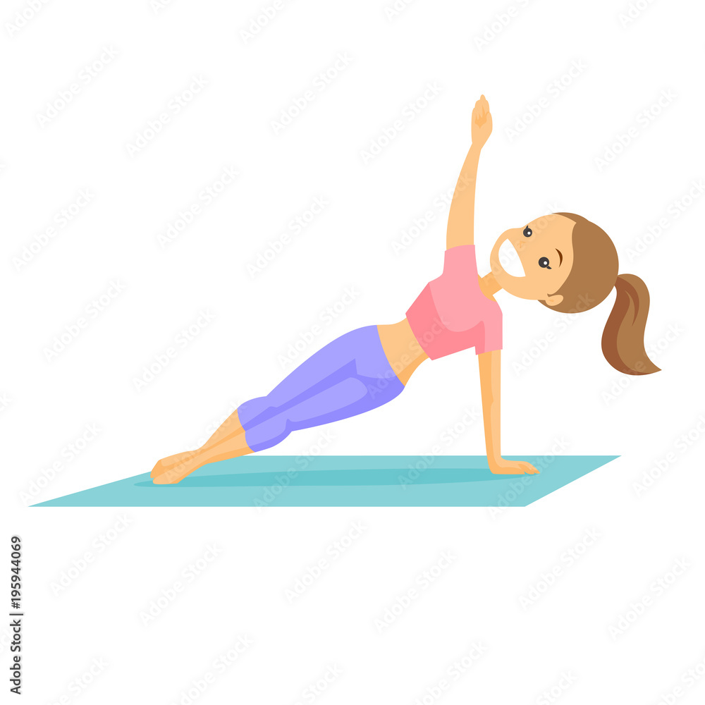 Young caucasian white woman holding side plank for abdominal workout ...