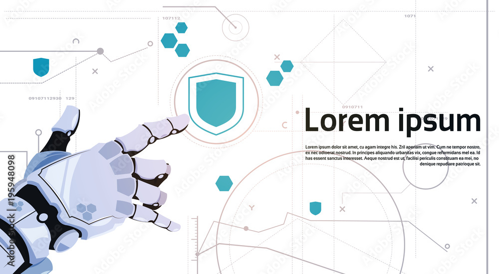 Robot Hand Touch Button Digital Shield Button Web Security Concept ...