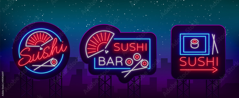 Set of logos, signs in neon style on sushi, Japanese food, seafood. A ...
