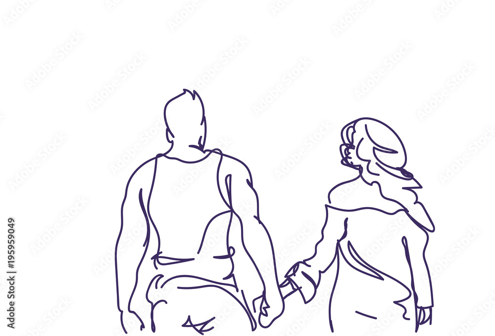 Doodle Couple Walk Holding Hands Back Rear View Sketch Man And Woman ...