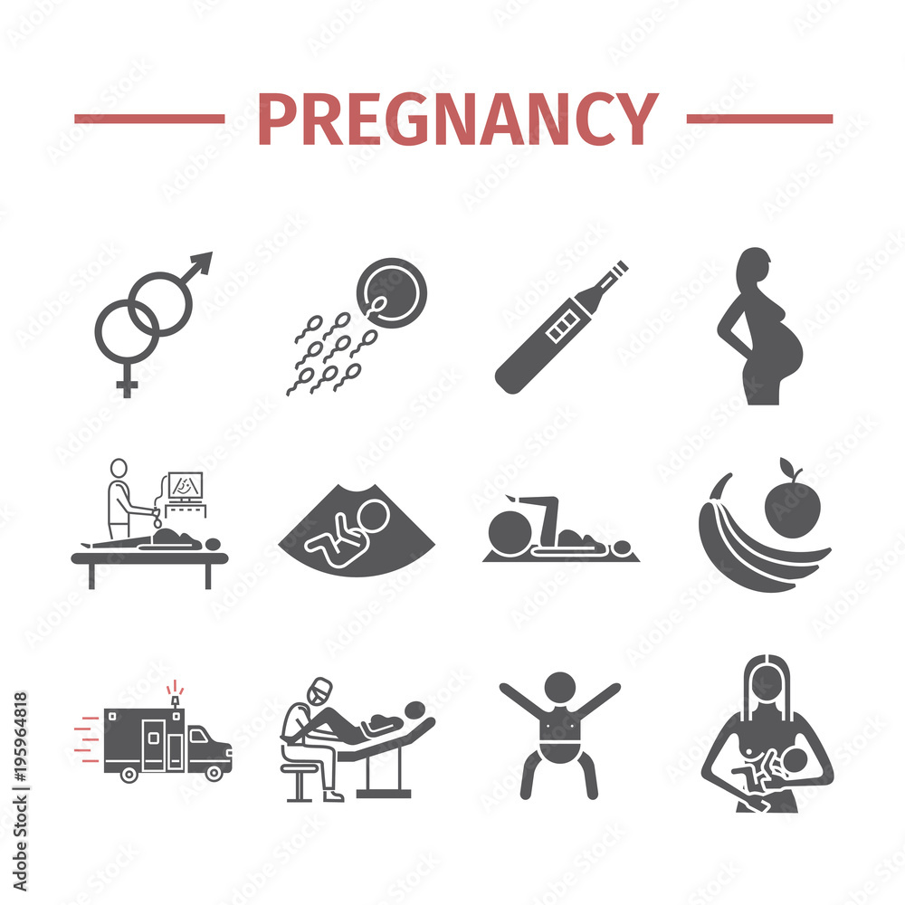 Pregnancy icons set. Infographics. Vector signs for web graphics. Stock ...