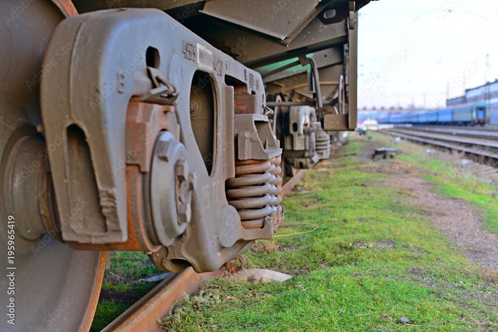Close-ups Steel diesel railcar train bogie wheels on the tracks. Stock ...