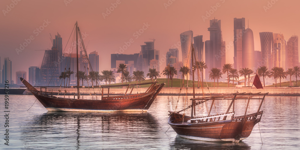 Traditional Arabic Dhow boats in Doha harbour Stock Photo | Adobe Stock