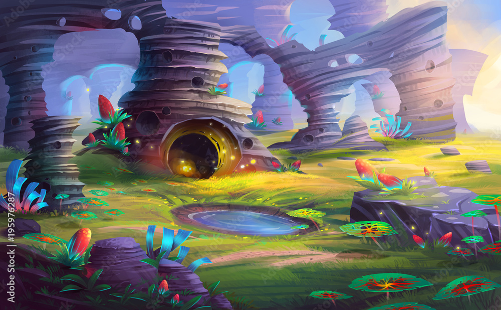 Alien Planet the Mountain and Cave with Fantastic, Realistic and ...