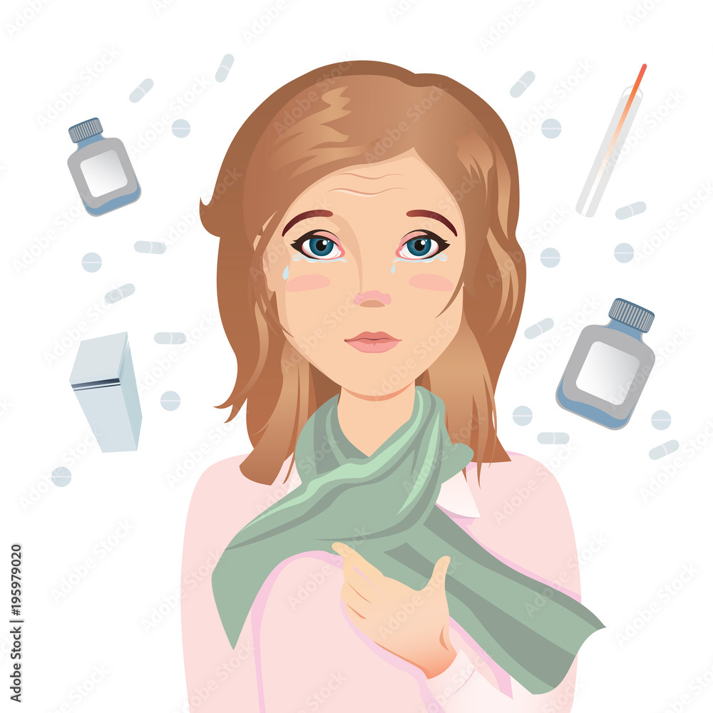 Young woman has an allergy, itching eyes, red eyes, watery eyes, tears ...