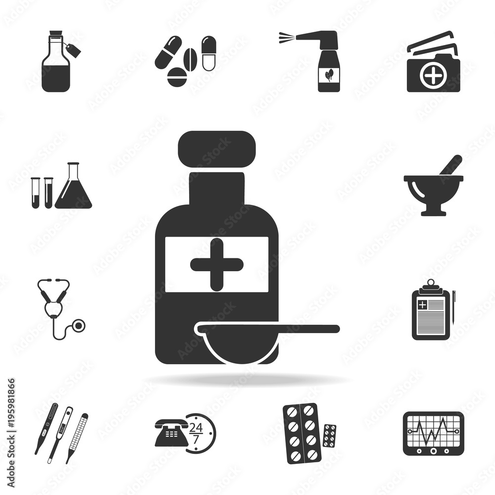 Medical syrup and spoon icon. Detailed set of medicine element ...