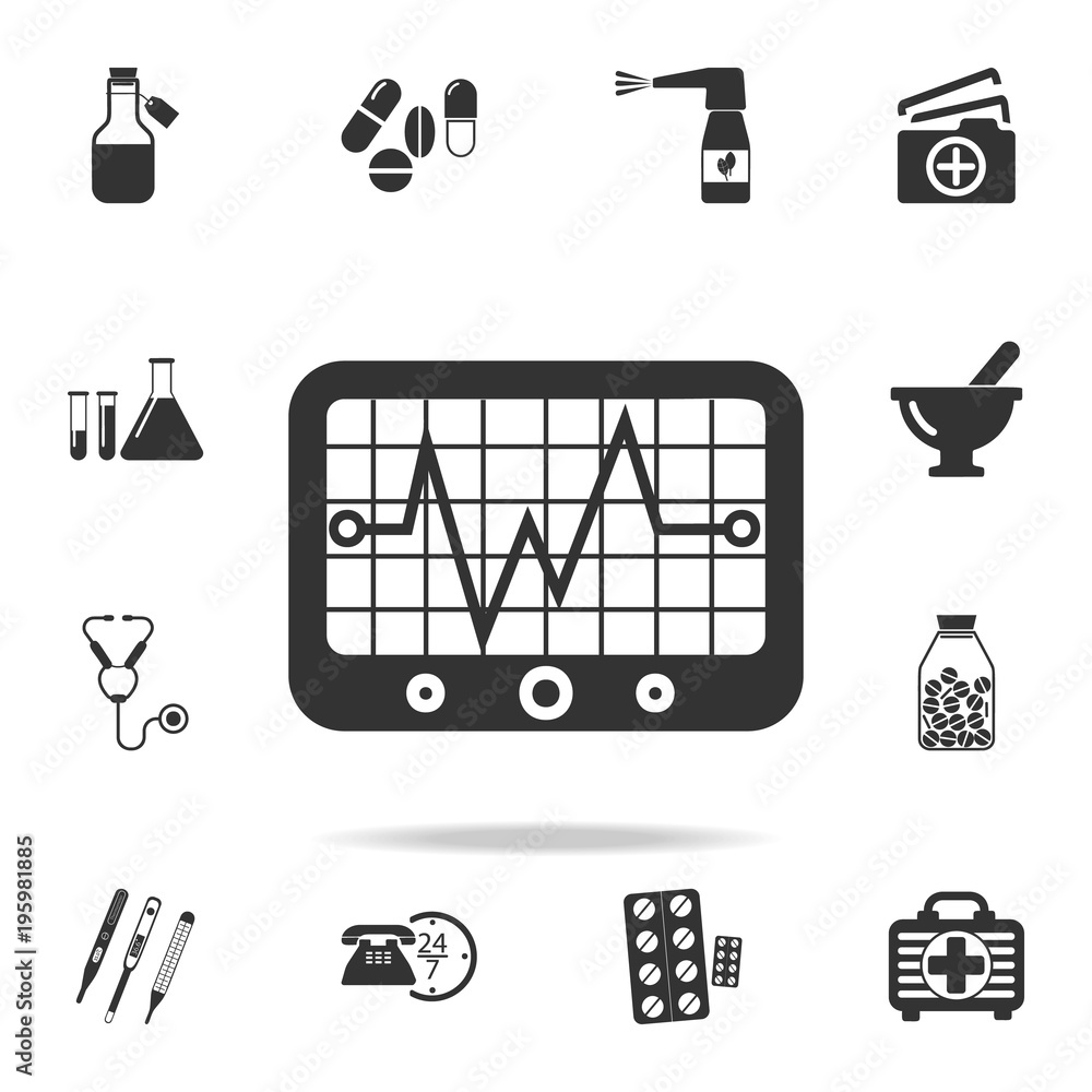 Electrocardiogram device and heart pulse on screen icon. Detailed set ...