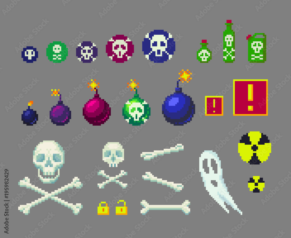 Pixel art danger icons set. Stock Vector | Adobe Stock