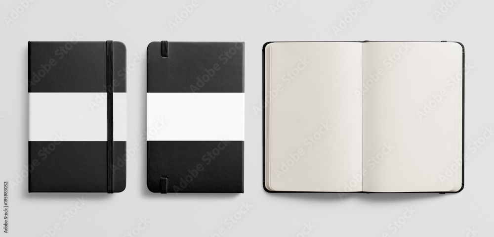 Photorealistic black leather notebook mockup on light grey background ...