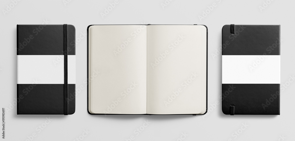 Photorealistic black leather notebook mockup on light grey background ...