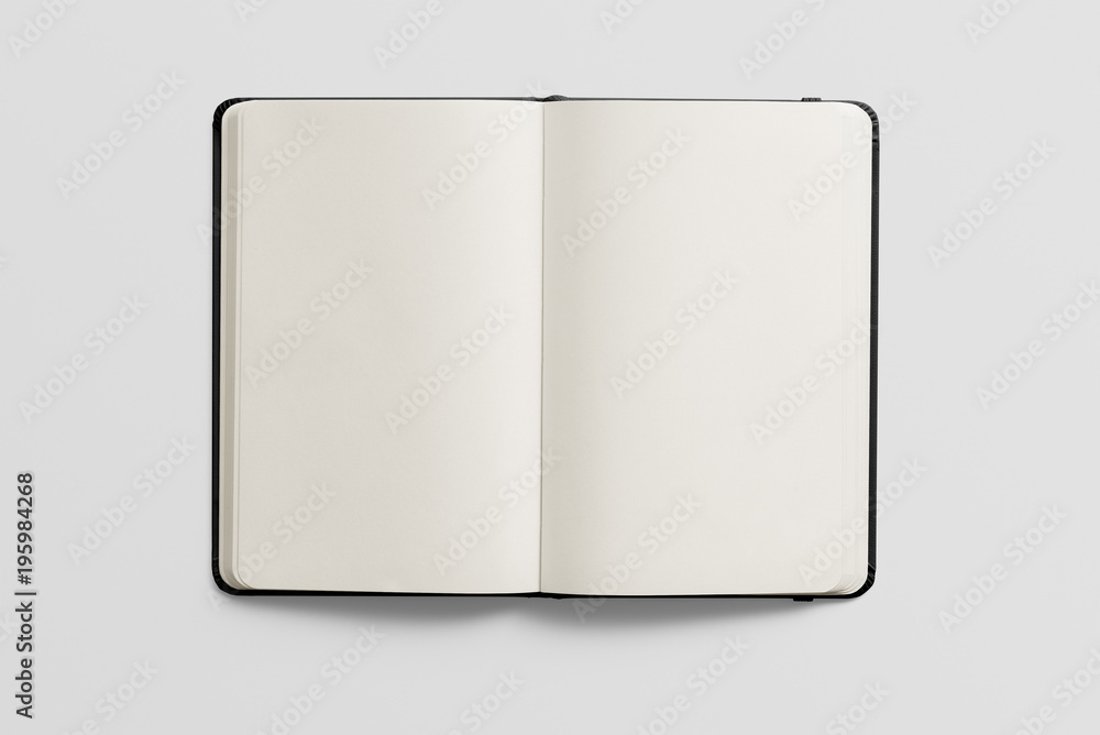 Photorealistic black leather notebook mockup on light grey background ...