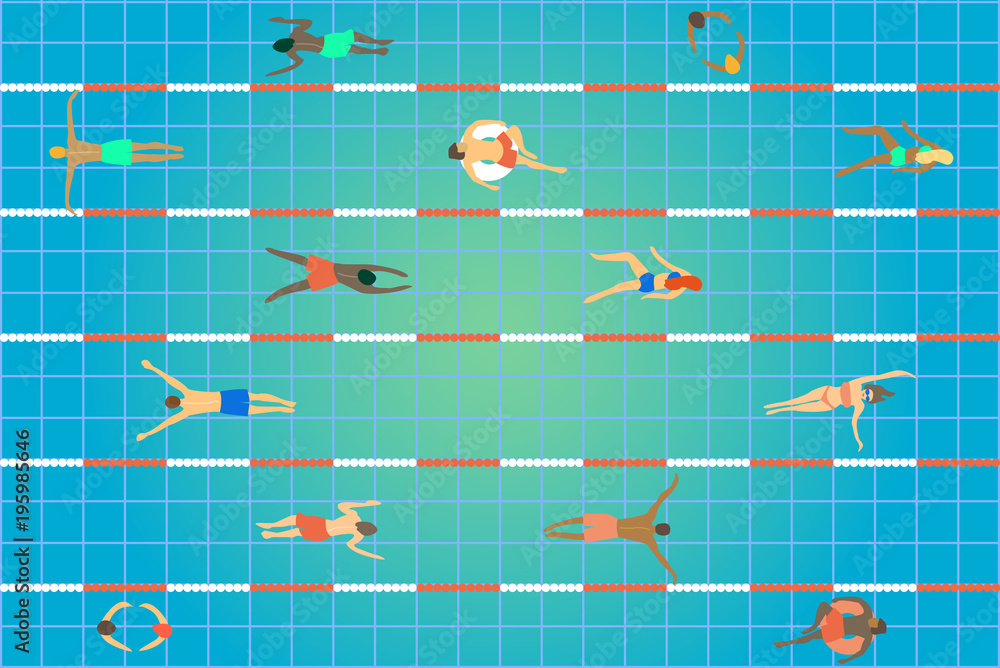 Swimming pool top view. Group of people of different age, gender and ...