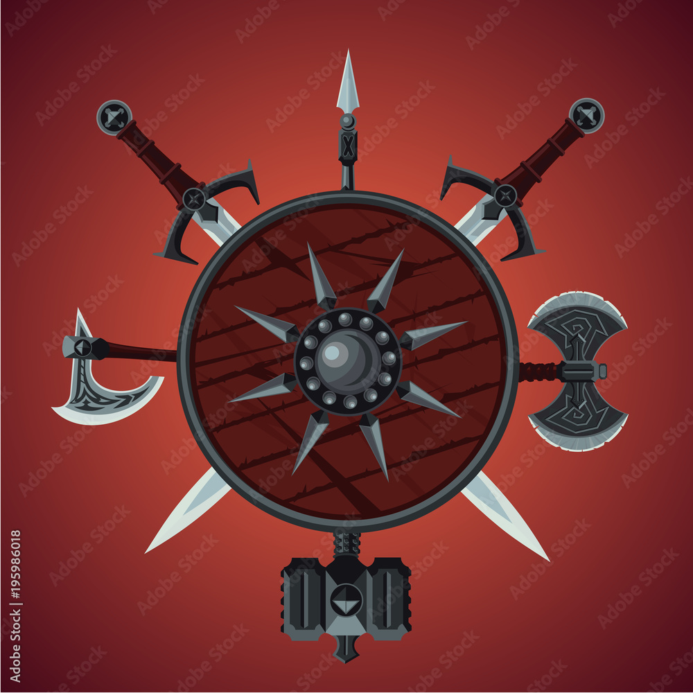 Fantasy game background. Vector banner with antique weapons. Sword, axe ...