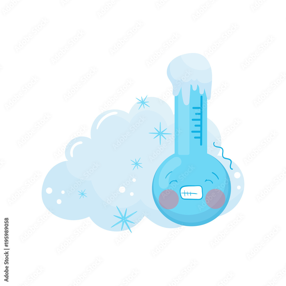 Cartoon illustration of frozen thermometer with funny face and blue ...