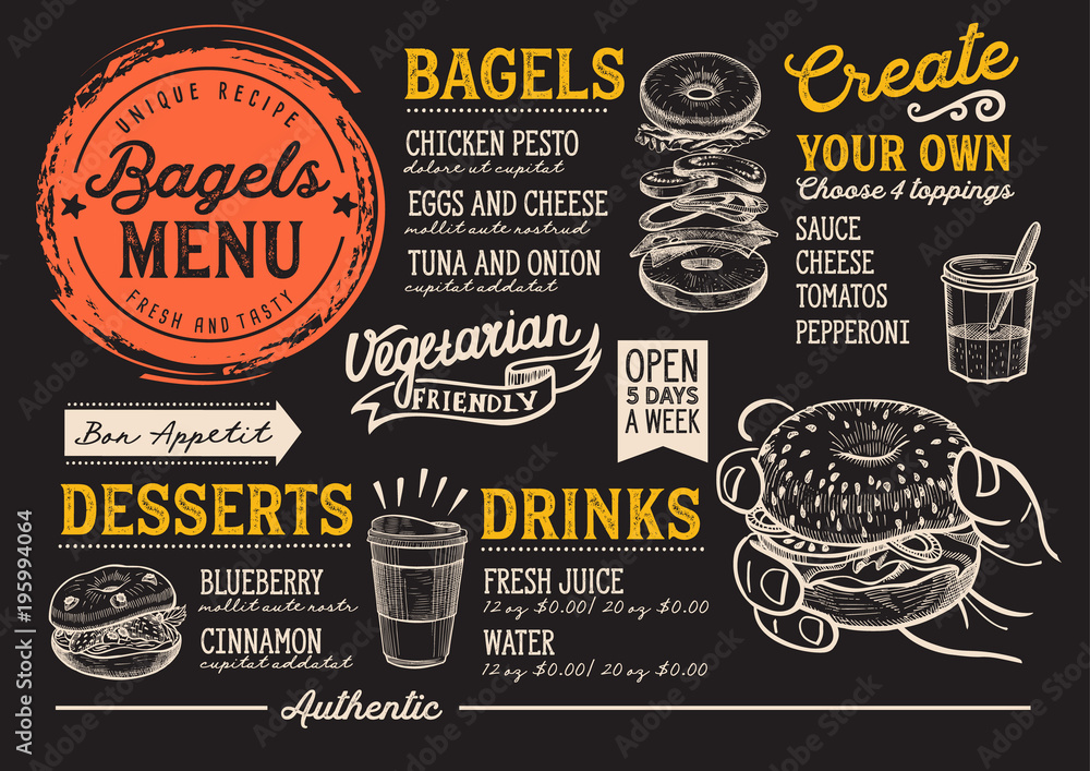 Bagels restaurant menu. Vector sandwich food flyer for bar and cafe ...