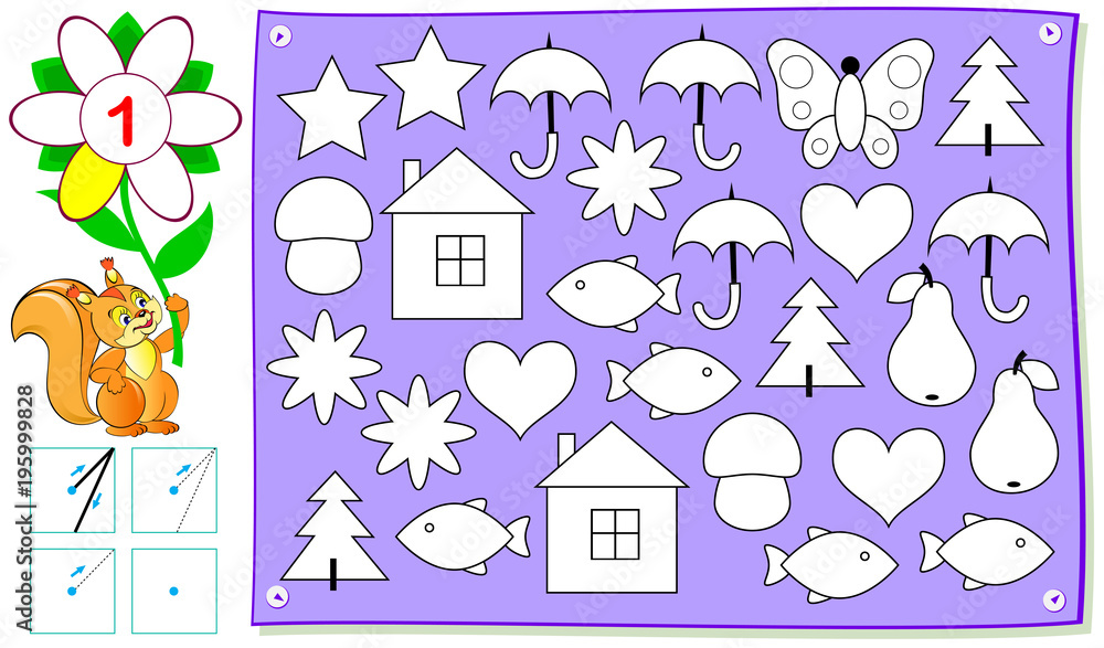 Educational page for young children with number one. Need to color only ...