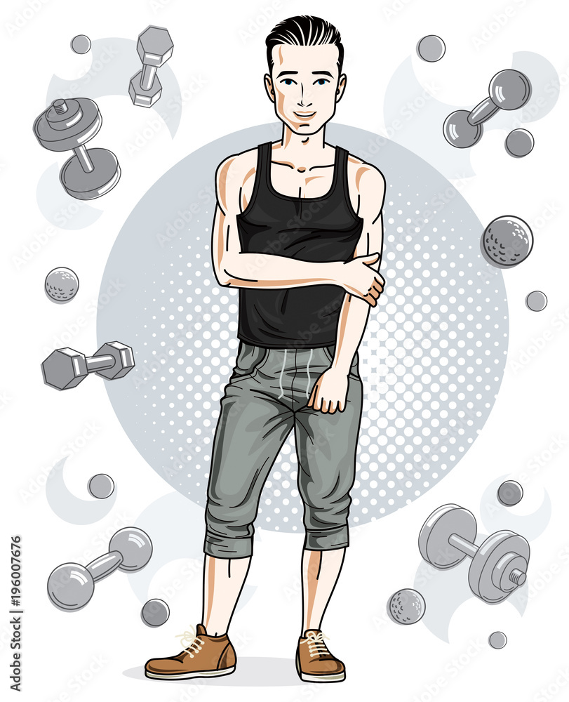 Handsome brunet young man is standing on simple background with ...