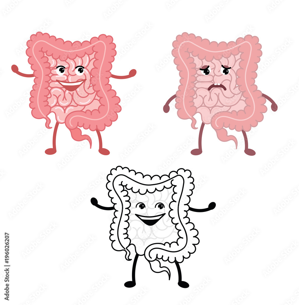 Cartoon vector illustration sad unhealthy sick Intestine and strong ...