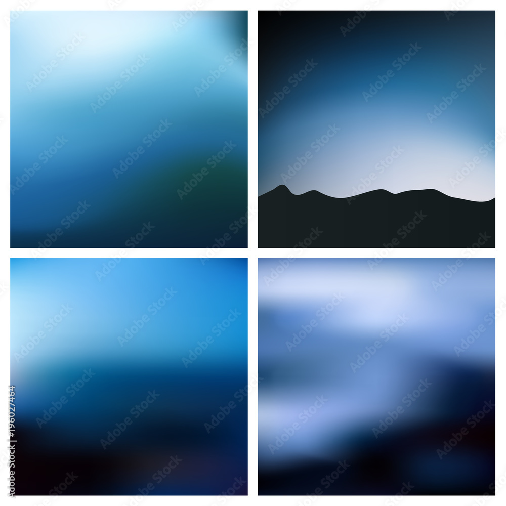 Abstract vector blue black blurred background set. 4 colors set. Square ...