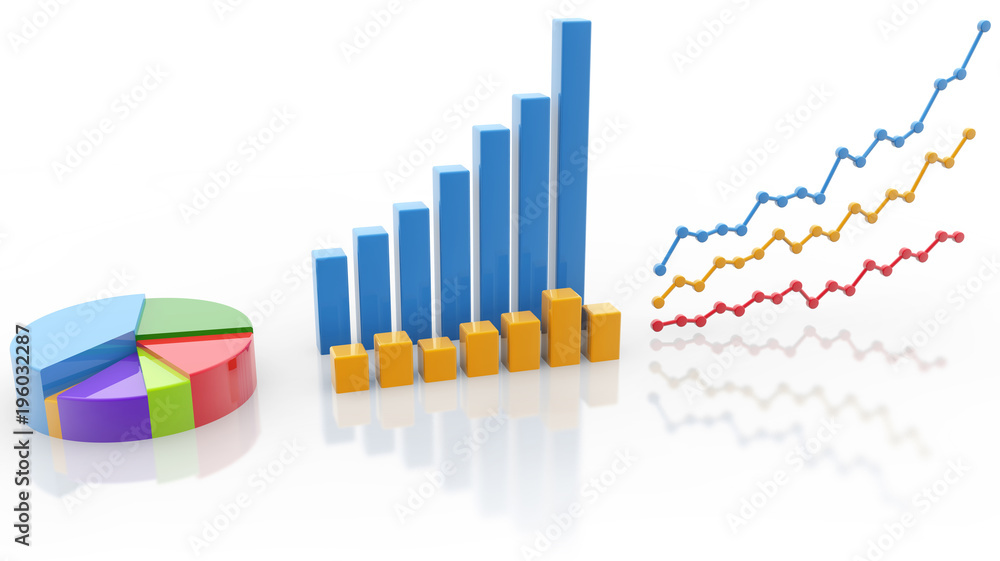 pie chart, bar graph and line graph isolated on white Stock ...