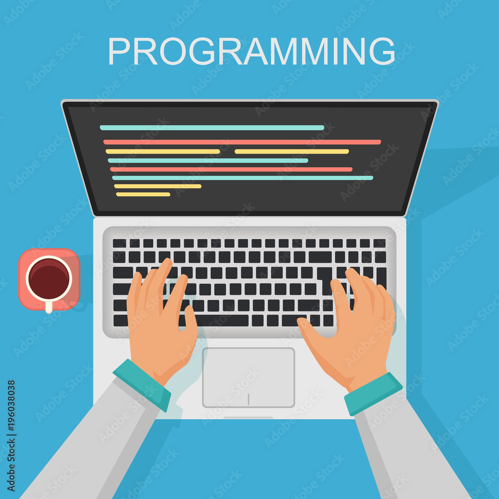 Vector programming, coding web development concept. Programmer top view with screen code. Stock ...