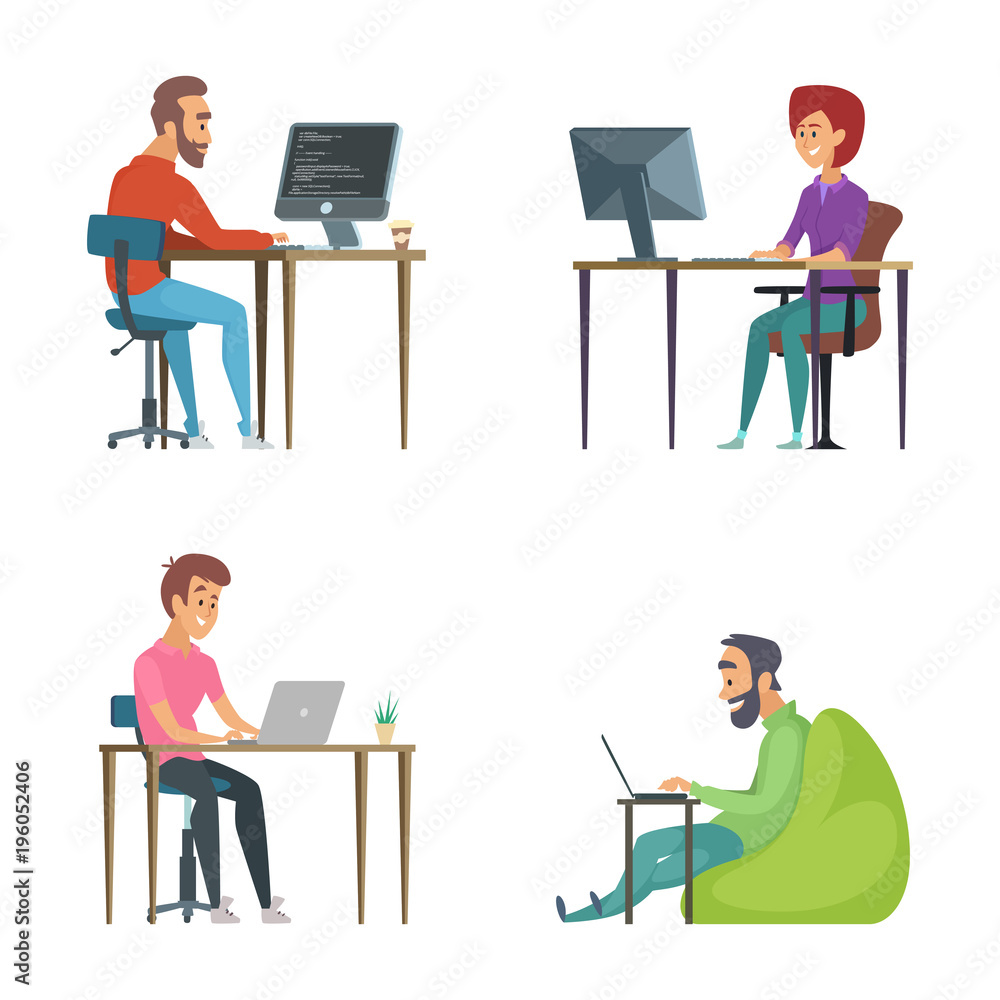 Professional programmers at work. Illustrations of funny characters Stock Vector | Adobe Stock