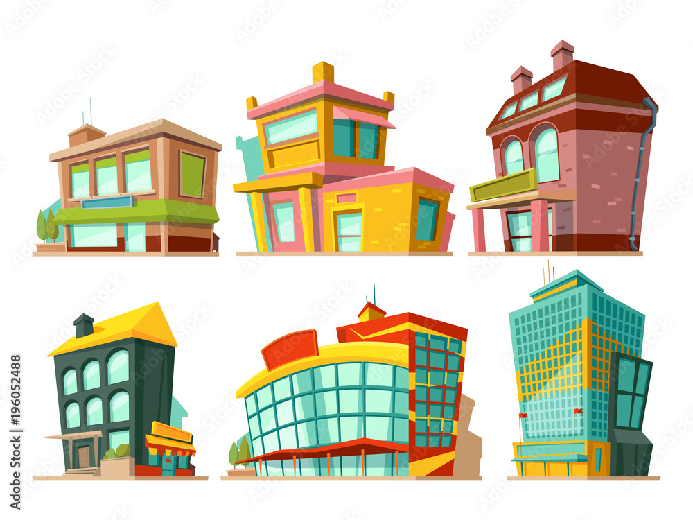 Cartoon buildings. Vector illustrations set isolate on white Stock ...